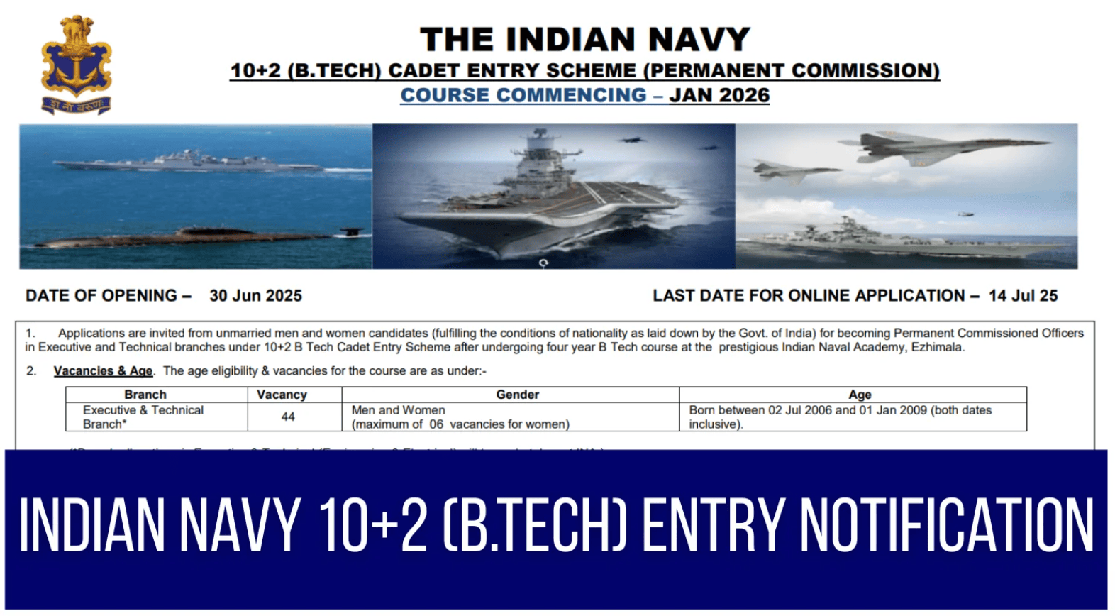 44 Posts - Indian Navy 10+2 B.Tech Entry Scheme Recruitment 2025(All ...